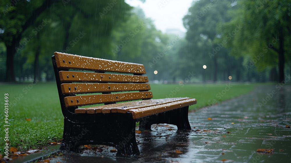 Rain-Soaked Park Bench. A wooden park bench sits quietly in a rain ...