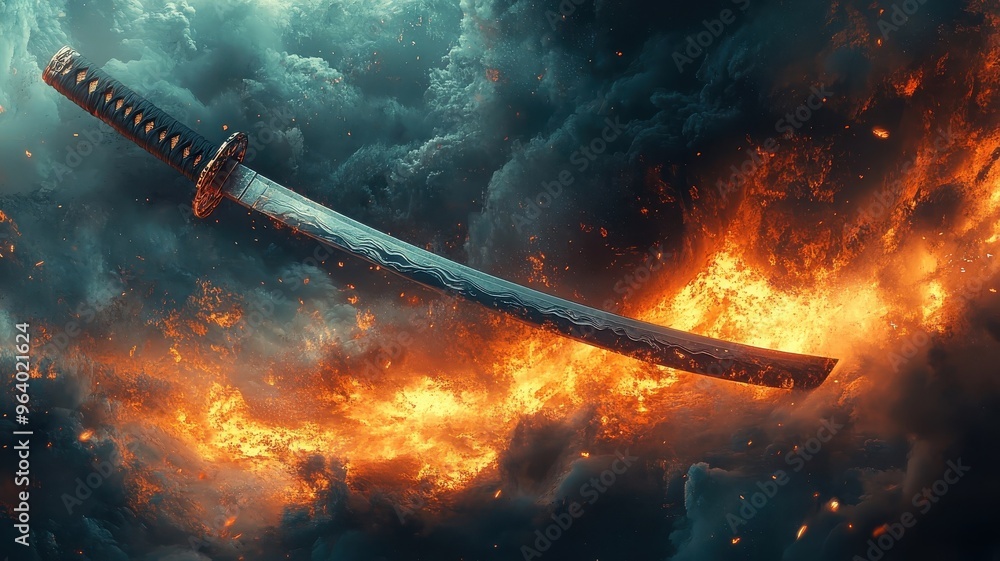 Surreal style samurai sword with floating blade elements and twisted ...