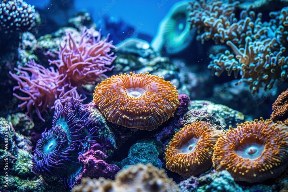 detailed view of coral reef under water, showing the various colors and ...