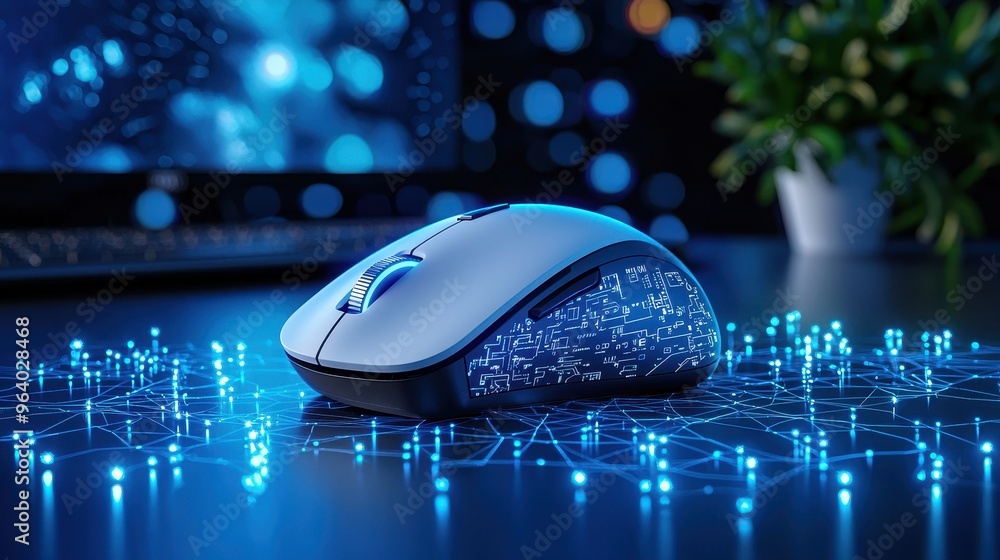 Modern Ergonomic Mouse in Augmented Reality Displaying DPI Settings and ...