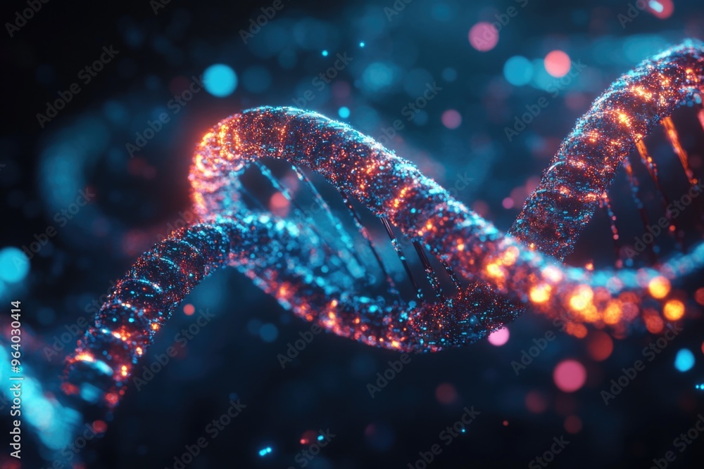 A DNA strand is shown in a blue and orange color scheme. The strand is ...