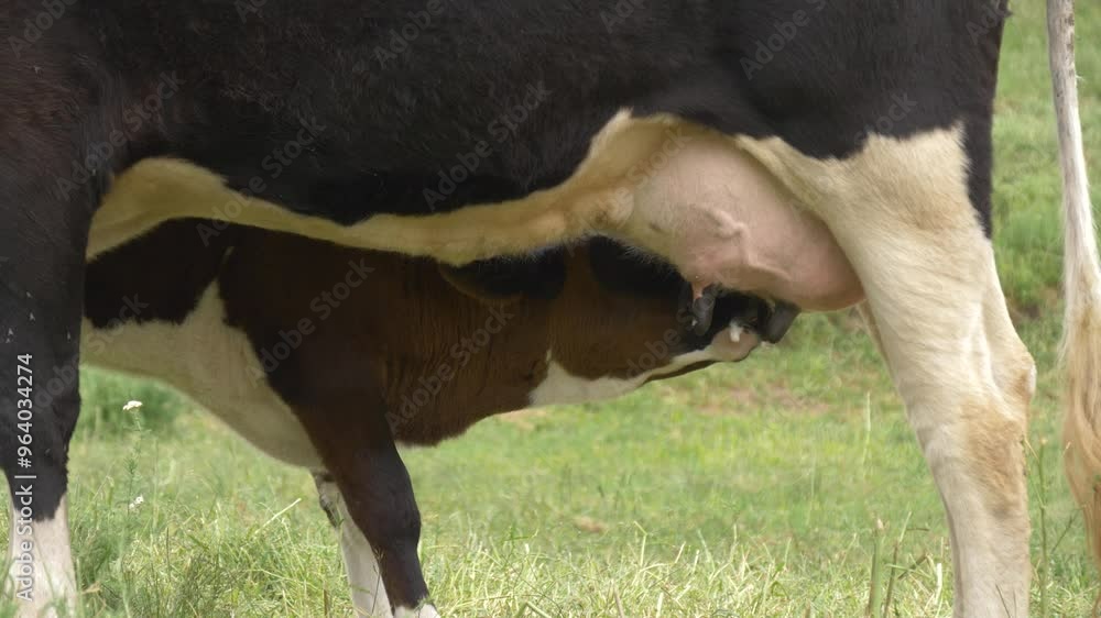 Close up side view cute brown and white calves drinking milk from ...