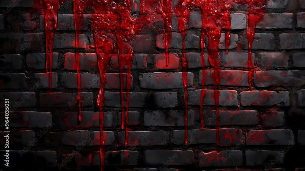 A bloody brick wall texture with red blood dripping down the wall ...