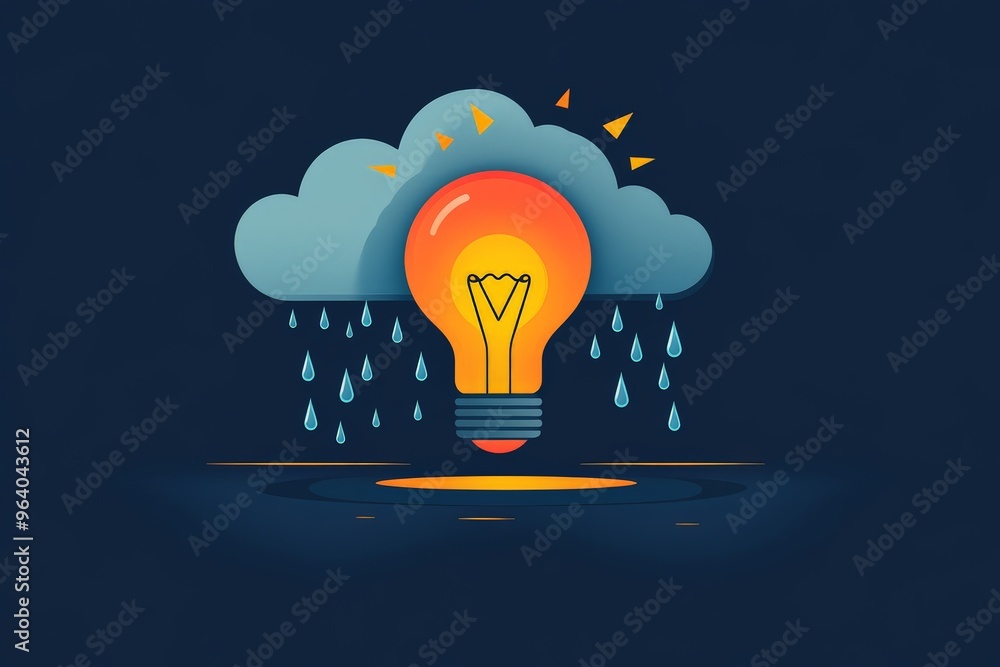 A flat design of a light bulb encased in a cloud with raindrops falling ...