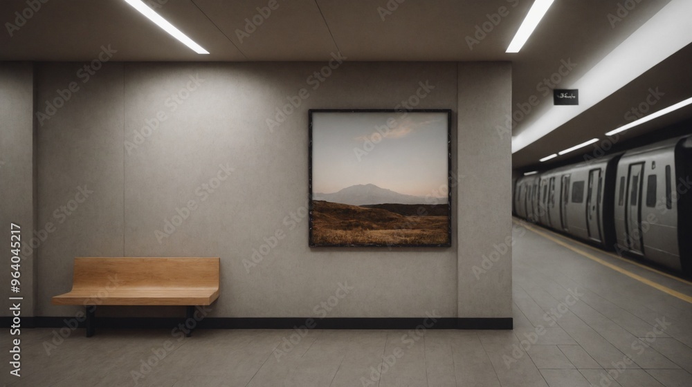 An empty metro station with a poster mock-up frame on the wall with a ...