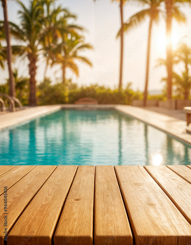 Image of wood table in front of swimming pool blur background. Brown ...