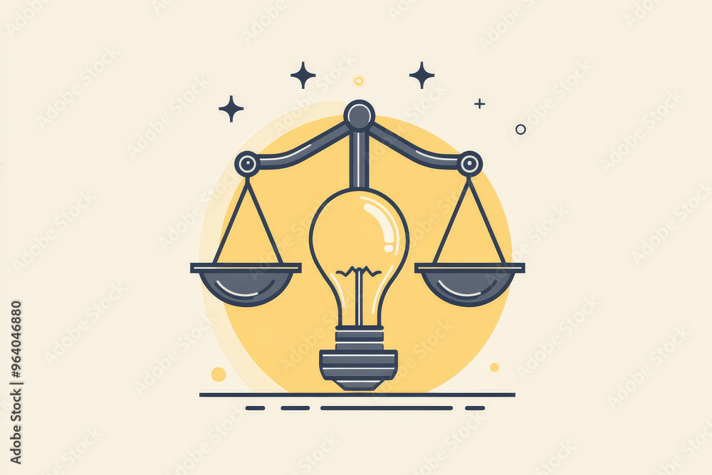 A flat design of a light bulb with balanced scales attached to its base ...