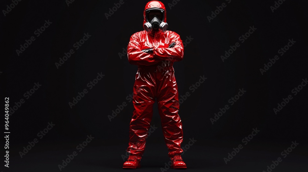 photorealistic figure in a glossy red hazmat suit on a solid black ...