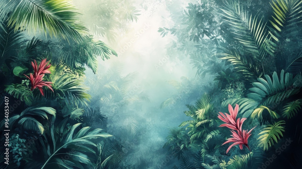 Rainforest rendered in watercolor style with soft gradients, gentle ...