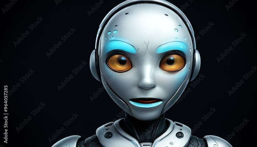 A close-up of a futuristic robot featuring blue highlights and ...