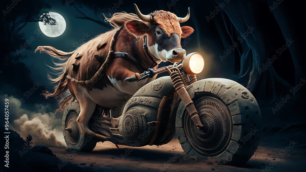 A cow riding a motorcycle under a full moon. The cow is dressed in ...