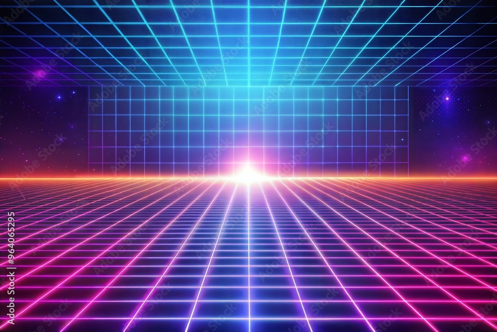 Retro-futuristic grid with vivid colors and glowing horizon in digital ...