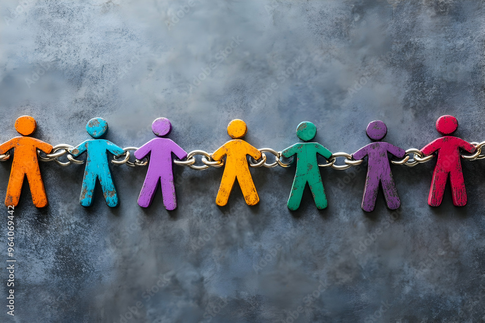 Symbol of team unity as diverse people link together, forming a chain ...