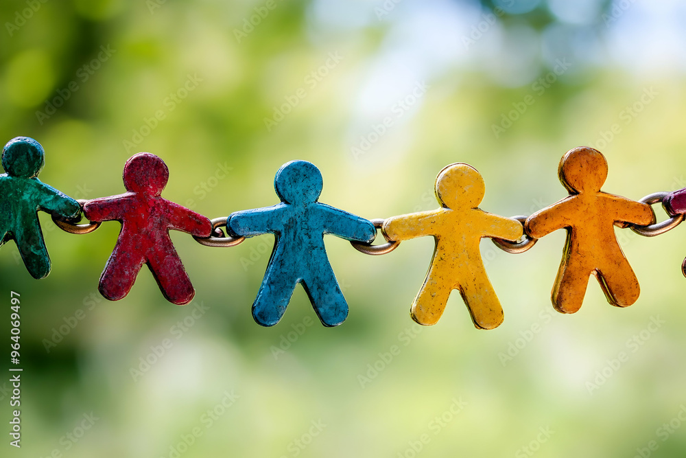 Symbol of team unity as diverse people link together, forming a chain ...