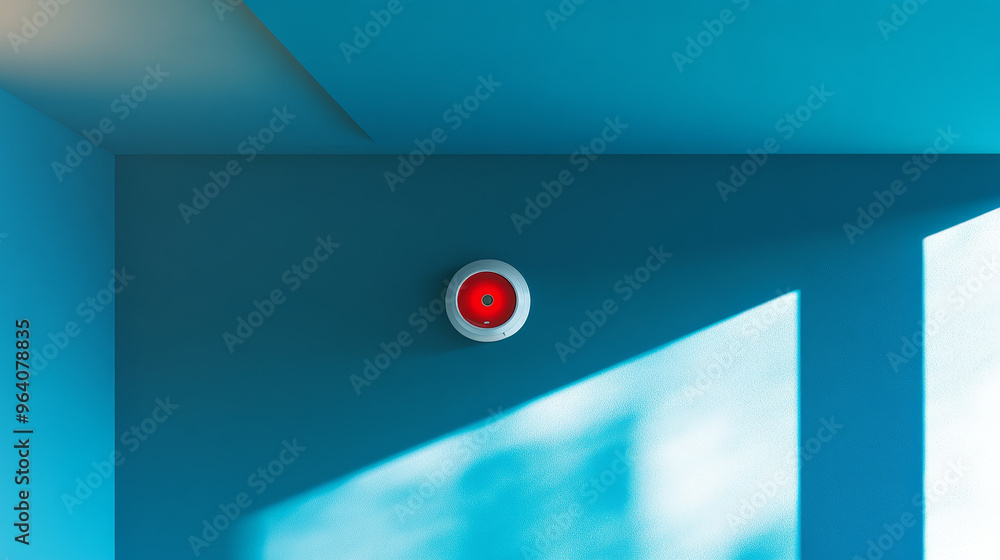 Ceiling mounted fire alarm with red alert light in blue room. design is ...