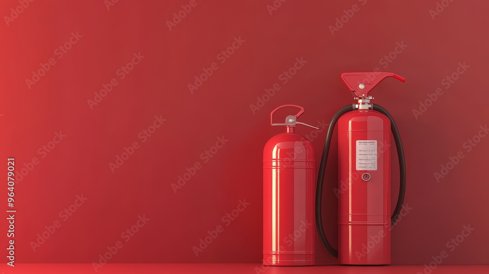 Fire extinguishers in red color against matching background ...