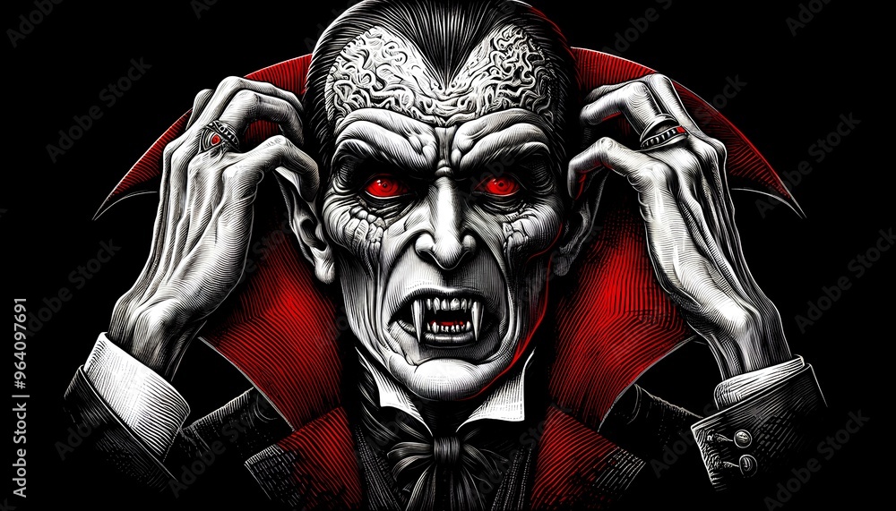 Highly detailed illustration of Dracula, vampire with fangs, glowing ...
