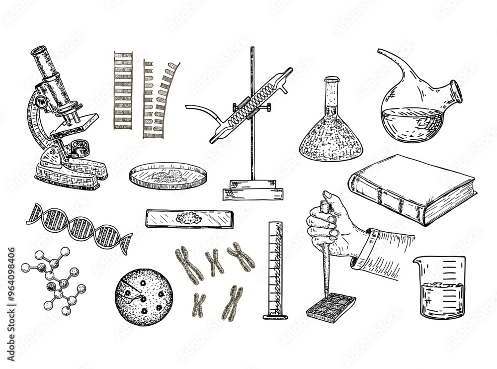 Science laboratory and research experiment sketch icons. genetics DNA ...