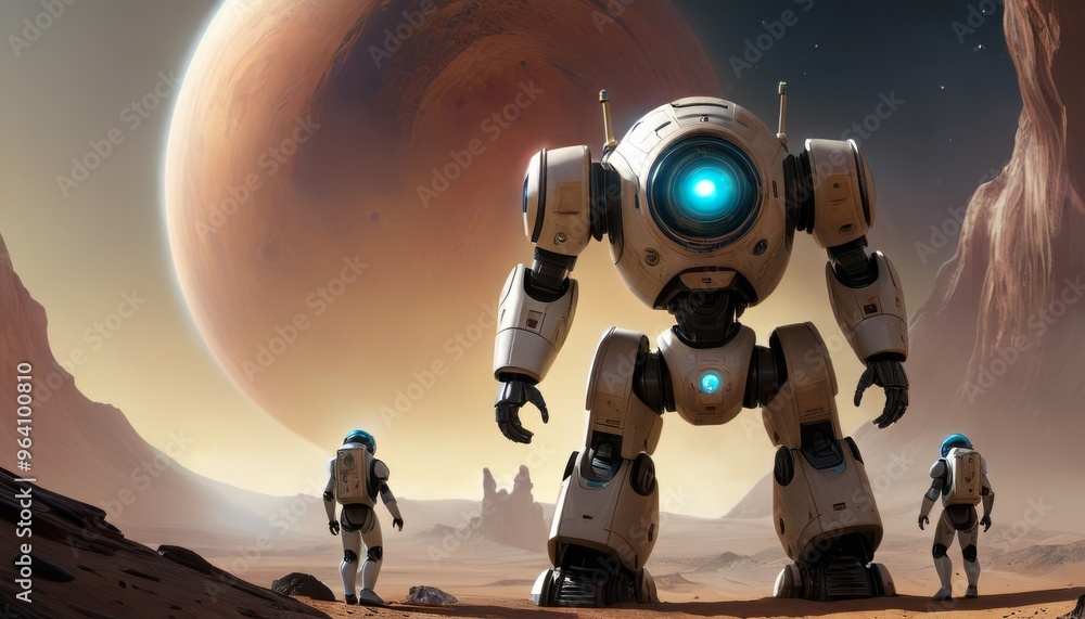 Giant robot and human explorers venture across the rocky landscape of ...