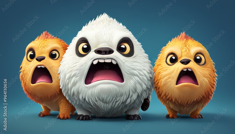 Three adorable cartoon animals with wide, surprised eyes stand in a row ...