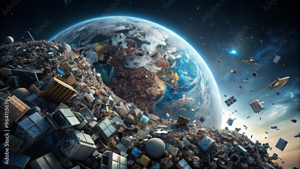 The image captures Earth partially obscured by mountains of refuse and ...