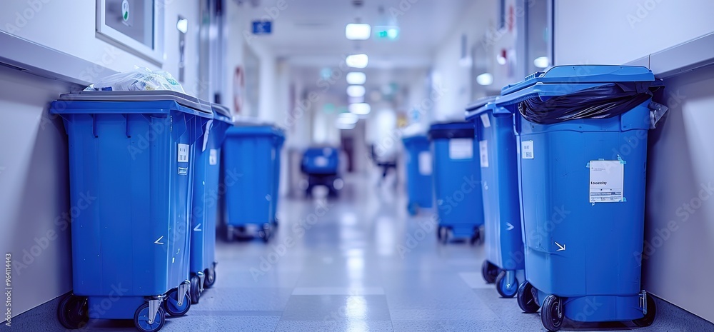 Blue recycling bins lined up in a hospital hallway. A person in the ...