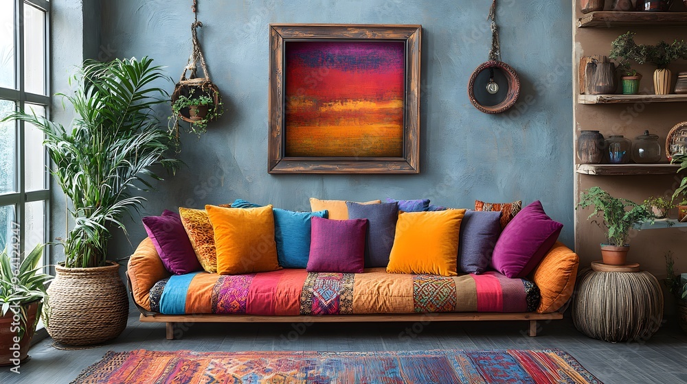 Boho Sofa with Rustic Frame A bohemian-style corner with a comfortable ...