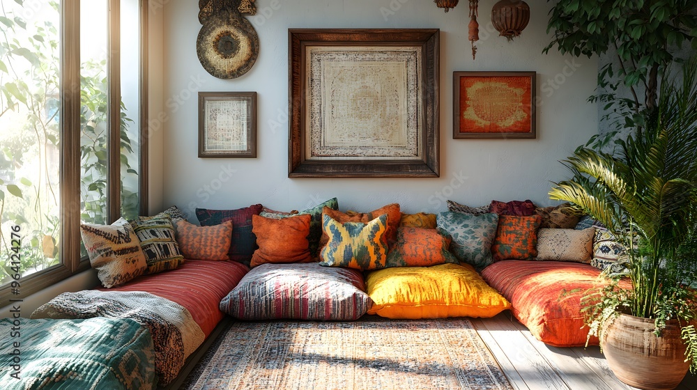 Boho Sofa with Rustic Frame A bohemian-style corner with a comfortable ...
