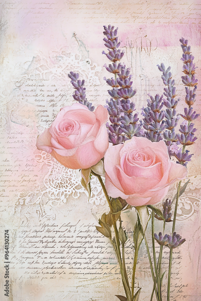 Vintage shabby chic artwork features pink roses and lavender painted on ...