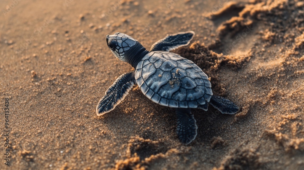 A baby sea turtle hatchling making its way to the ocean from a nest on ...