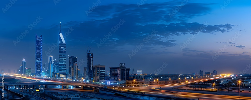 Kuwait City Skyline at Dusk with Illuminated Skyscrapers and Traffic ...