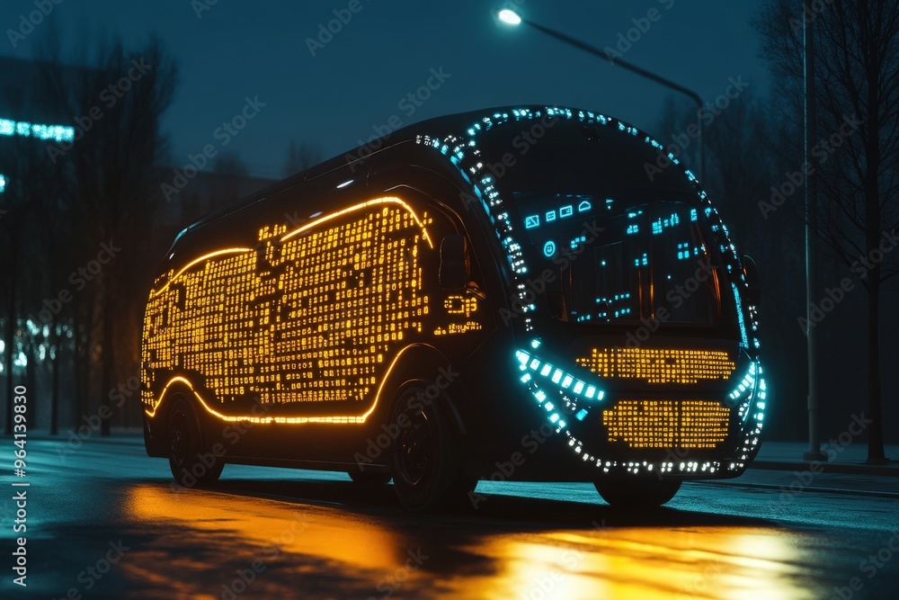 A futuristic school bus with glowing binary sequences, symbolizing the incorporation of ...