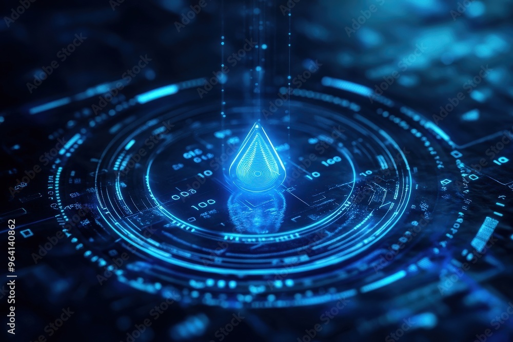 Tech-inspired blue water sensor icon featuring digital binary elements ...