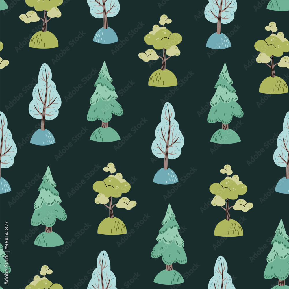 Vector hand drawn color children's seamless pattern with trees in flat ...
