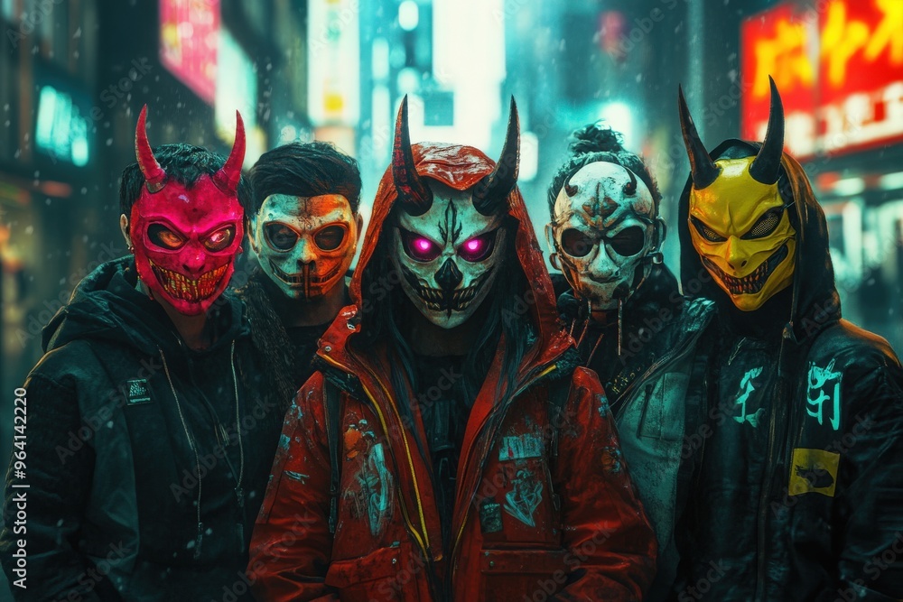 Cyberpunk anime characters sporting Japanese demon masks, set in a ...