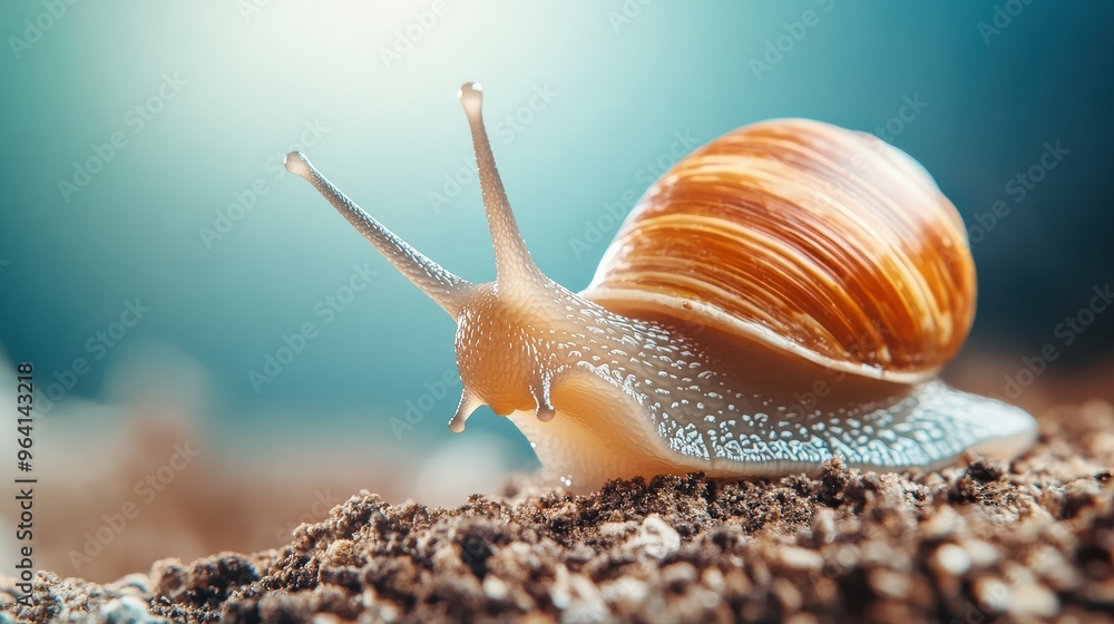 A small brown and tan snail is on soil. The snail is looking up and he ...