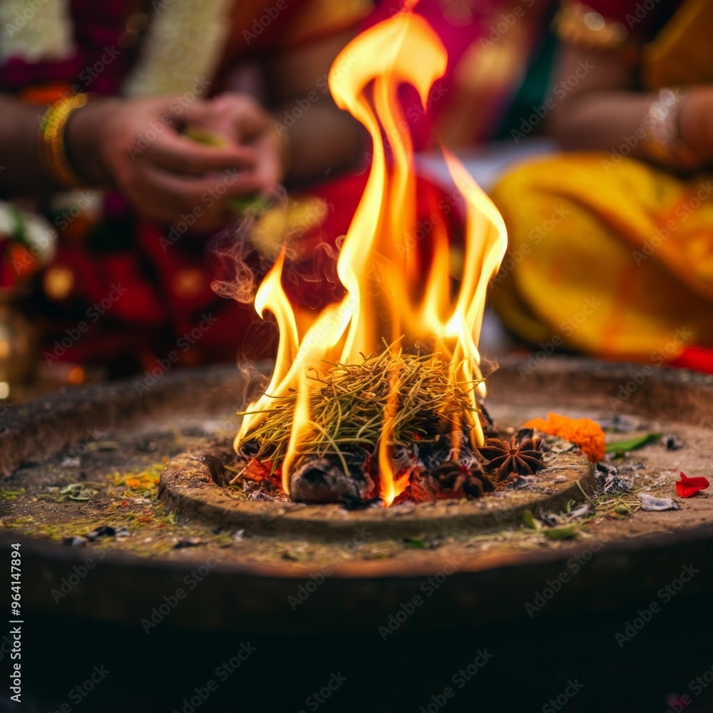 Indian Yajna ritual vedic fire ceremony Pooja ritual rite religious ...