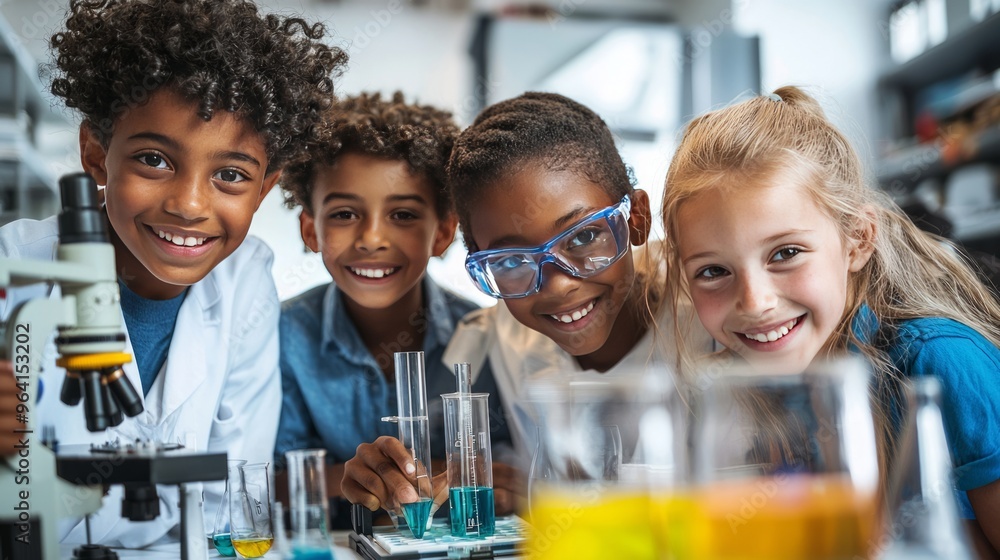 Four diverse elementary school students are smiling while performing a ...