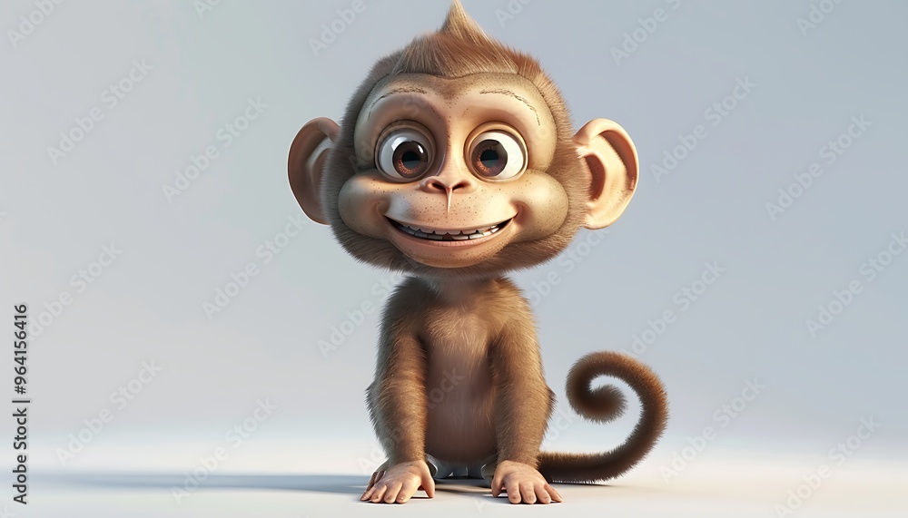 Cute 3D Cartoon Monkey Sitting with Big Eyes and Grinning perfect for ...