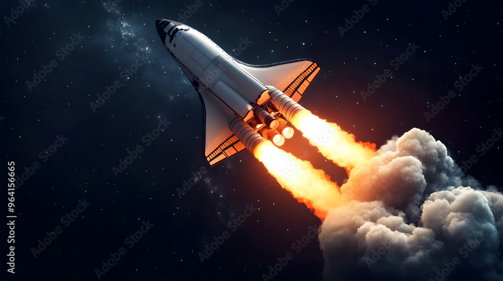 A sleek space shuttle launching into orbit, flames and smoke trailing ...