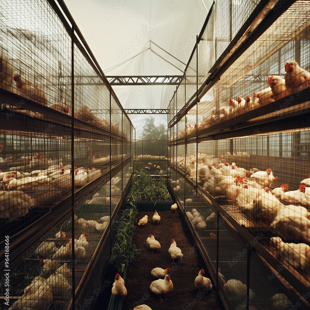 A large chicken farm with many white chickens. There is an electronic ...