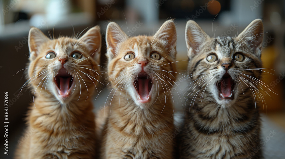 Three Adorable Kittens with Open Mouths Sitting Side by Side, One ...