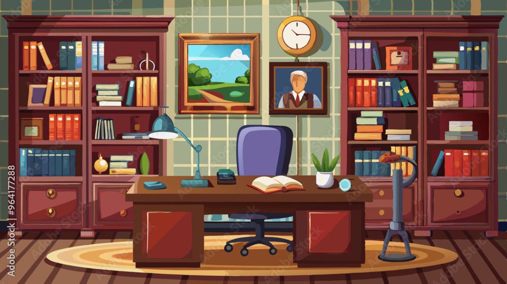 traditional doctor's office with dark wood furniture, a large bookshelf ...