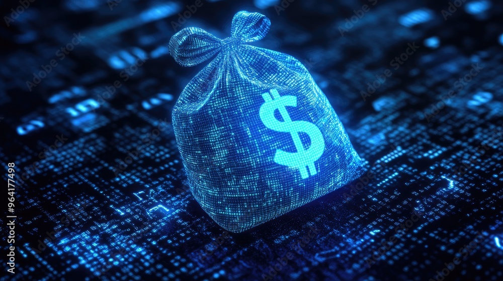 Blue digital moneybag with a dollar icon and binary code, symbolizing ...