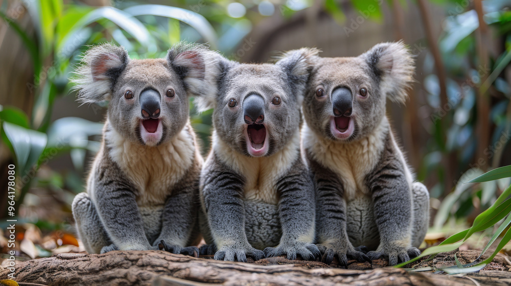 Three surprised koalas with open mouths sitting on a log, expressing ...