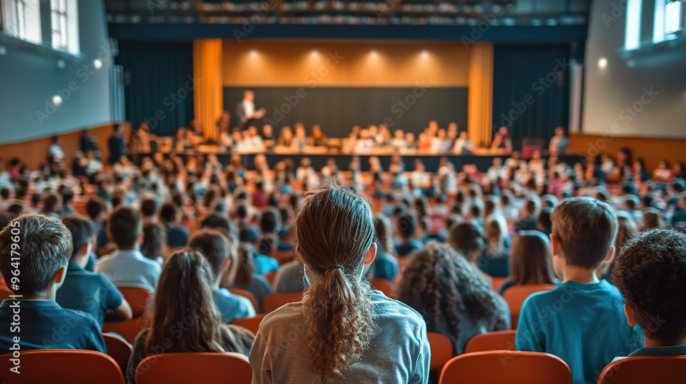 A school assembly with students and teachers gathered in a large hall ...