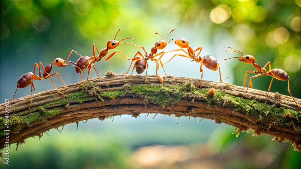 Ants forming a natural bridge over a gap with one ant leading the way ...