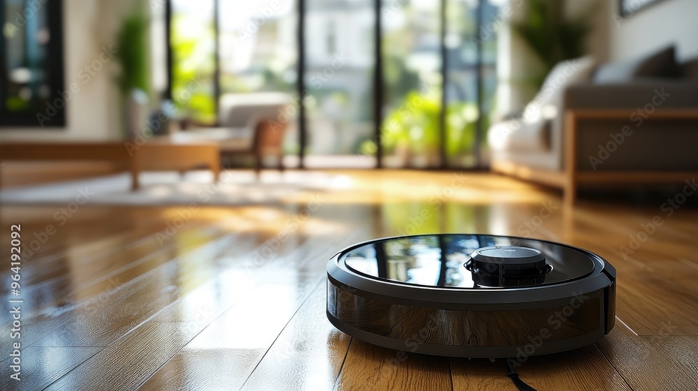 Personal robot assistant vacuuming the floor in a modern, tech-savvy ...