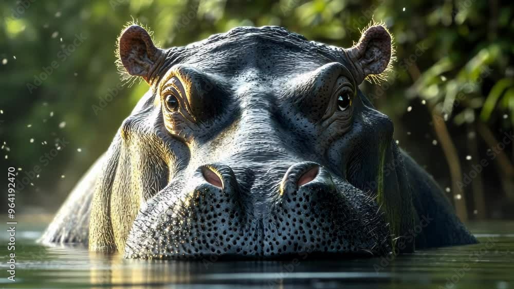 A close-up portrait of a hippopotamus submerged in water with its eyes ...