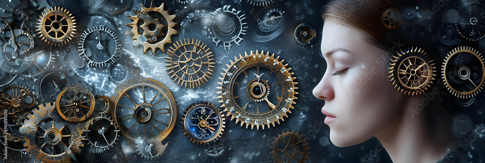 A time traveler with clock gears bursting from their head and ...